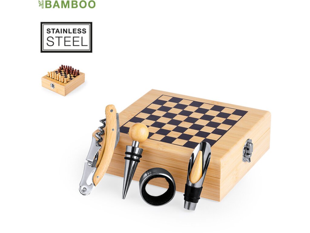 Set Paluk bambú con accesorios vino y ajedrez promocional